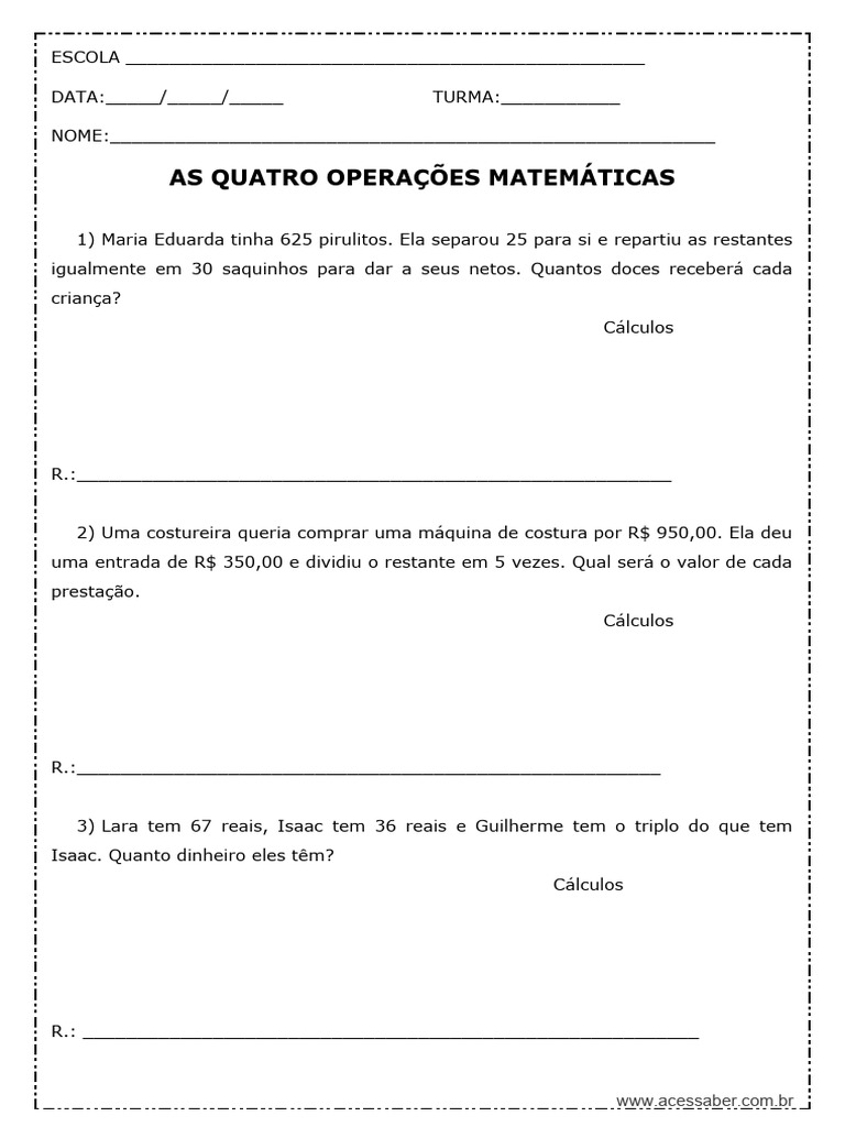 Atividade de Matematica Problemas As Quatro Operacoes 5 Ano | PDF