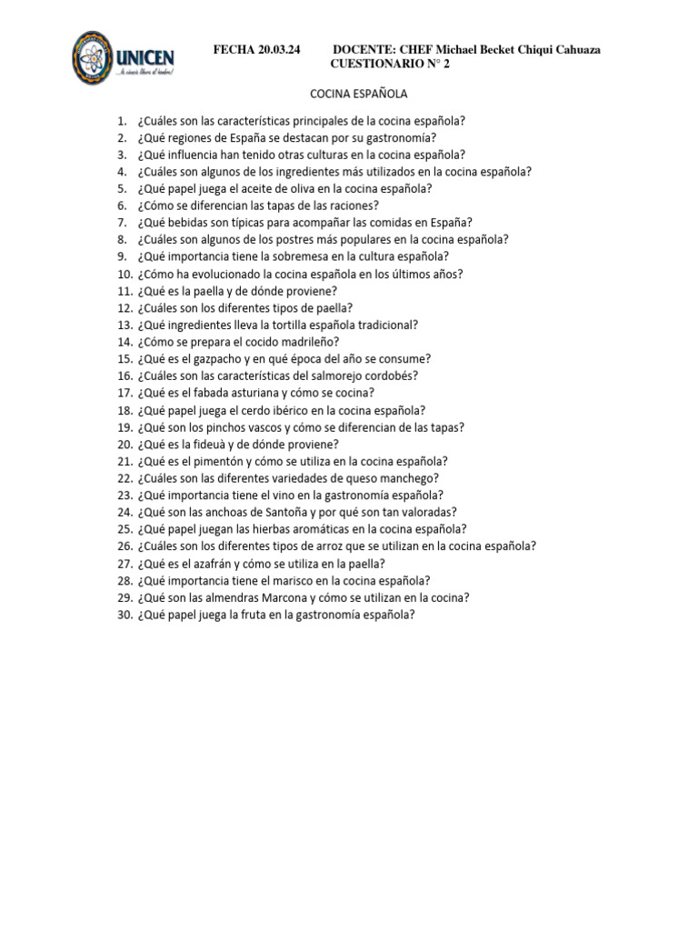 CUESTIONARIO COCINA ESPAÑOLA Sin Respuesta | PDF | Viajes y turismo ...