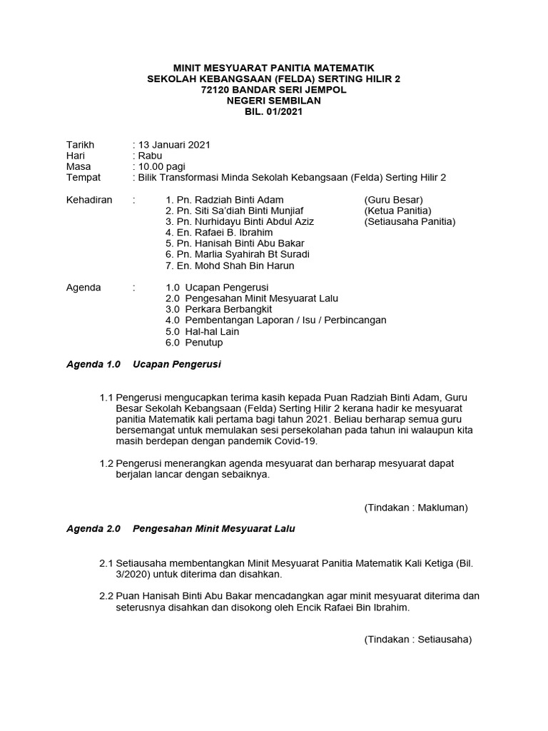 Minit Mesyuarat Panitia Sains 2021 | PDF