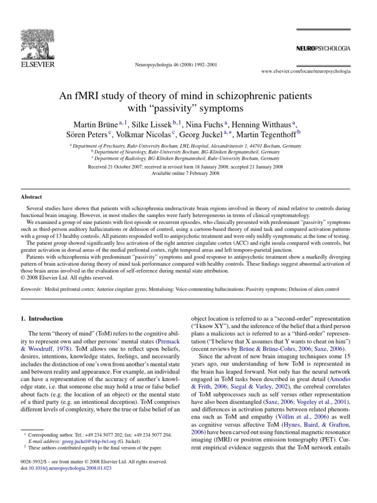 fMRI Study of Theory of Mind in Schizophrenia | PDF | Cingulate Cortex ...