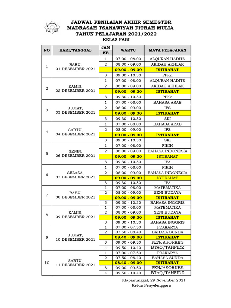 Jadwal Pas 20212022 | PDF