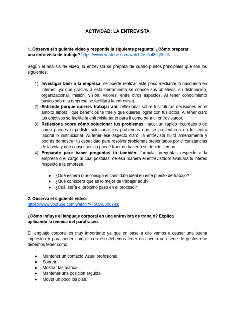 ACTIVIDAD_ LA ENTREVISTA | PDF | Business | Entrevista de trabajo