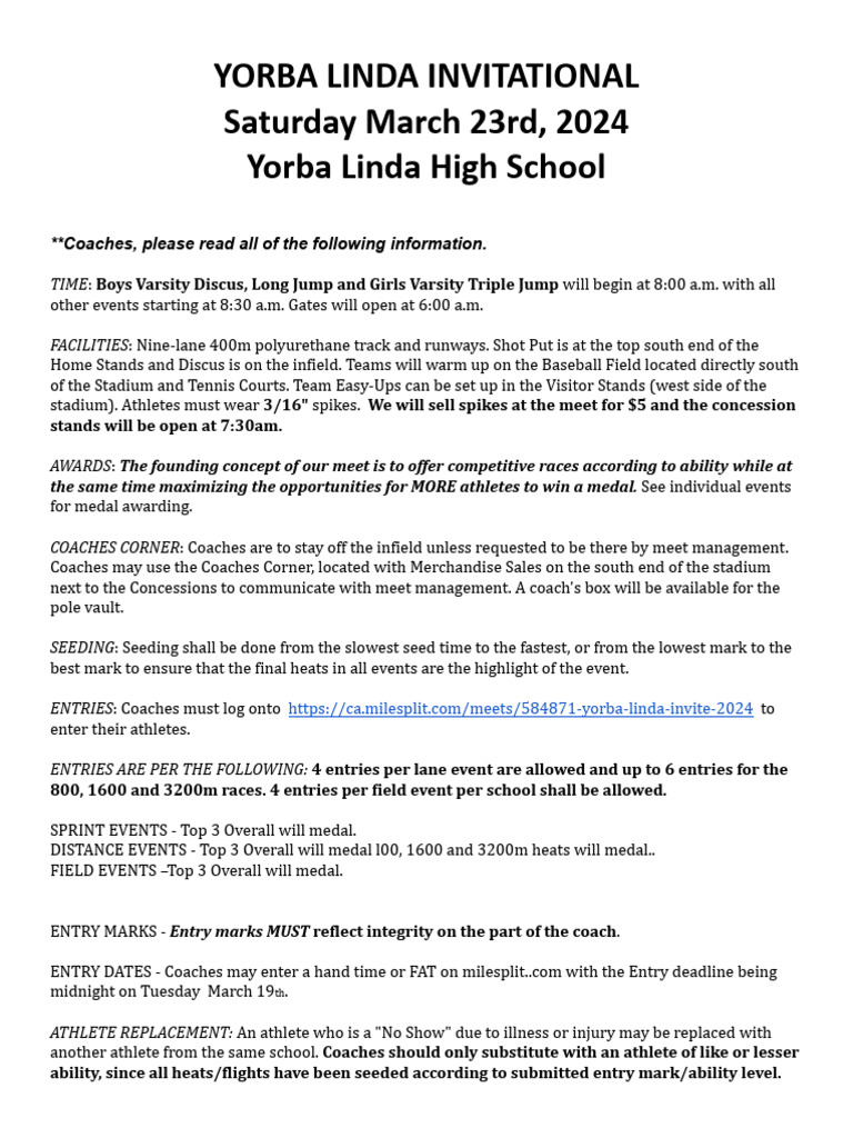 Yorba Linda Invitational Informational Sheet 2024 | PDF | Track And ...