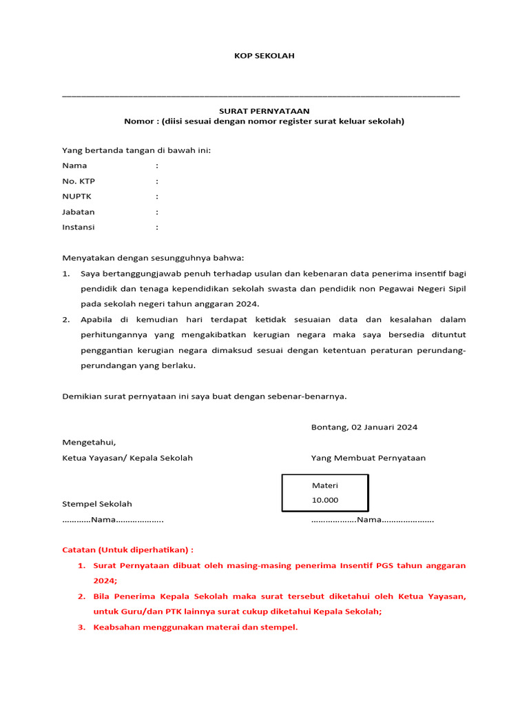 Format Surat Pernyataan Dan SPTJM PGS TW 1 | PDF