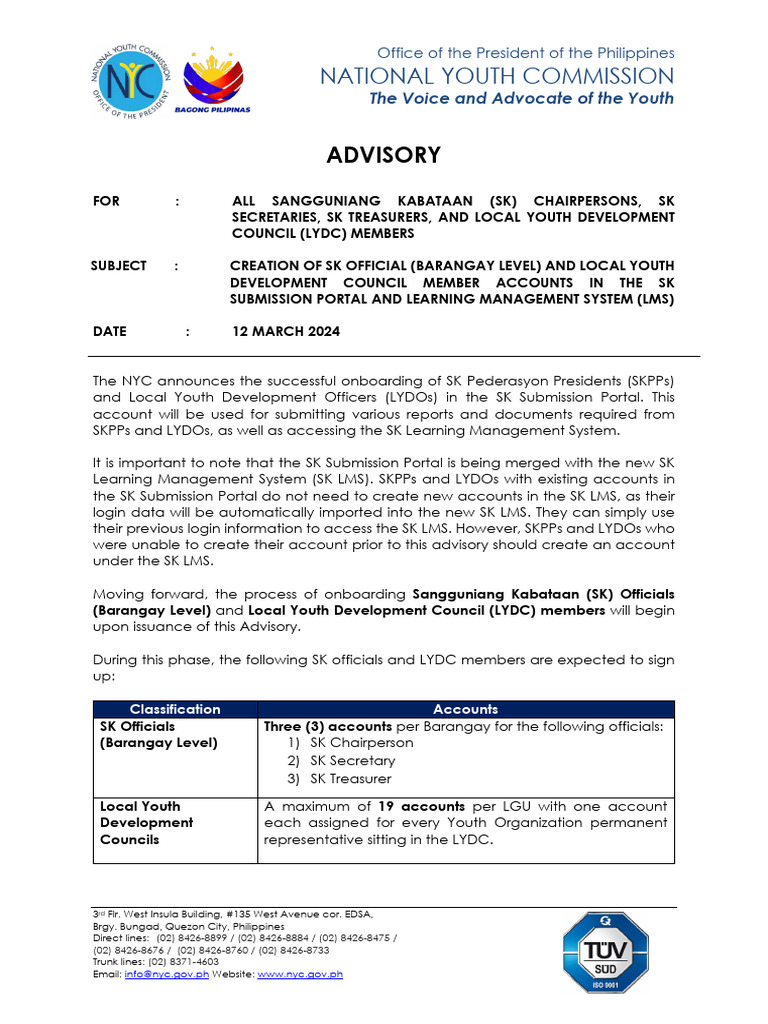 G. Advisory Creation of SK Barangay and LYDC Accounts - Signed | PDF | Computing