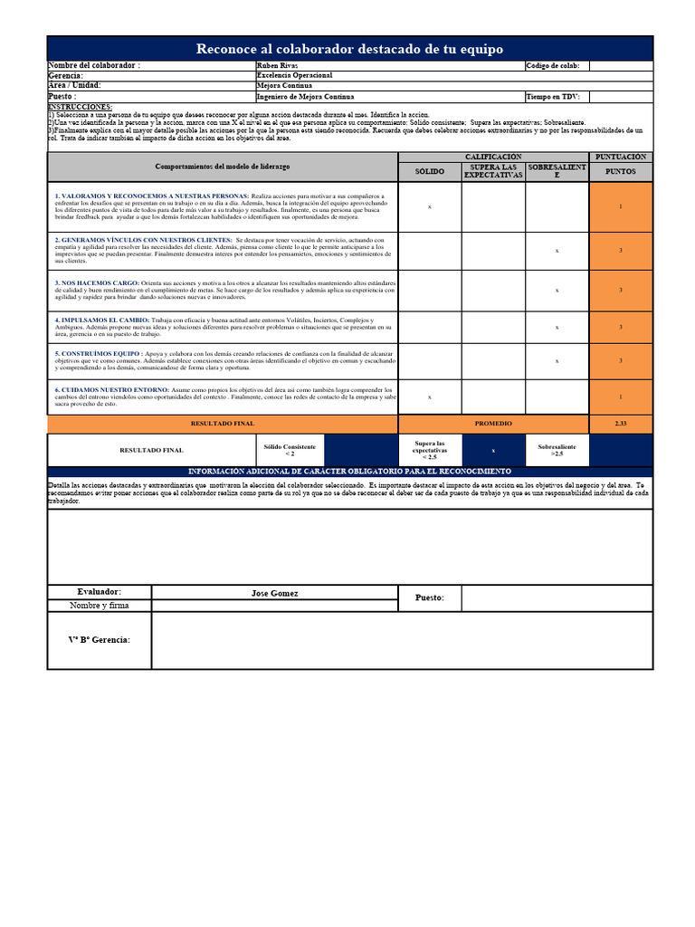 NUEVO FORMATO DE EVALUACIÓN COLABORADOR DESTACADO - Ruben Rivas | PDF | Sicología | Ciencias del ...