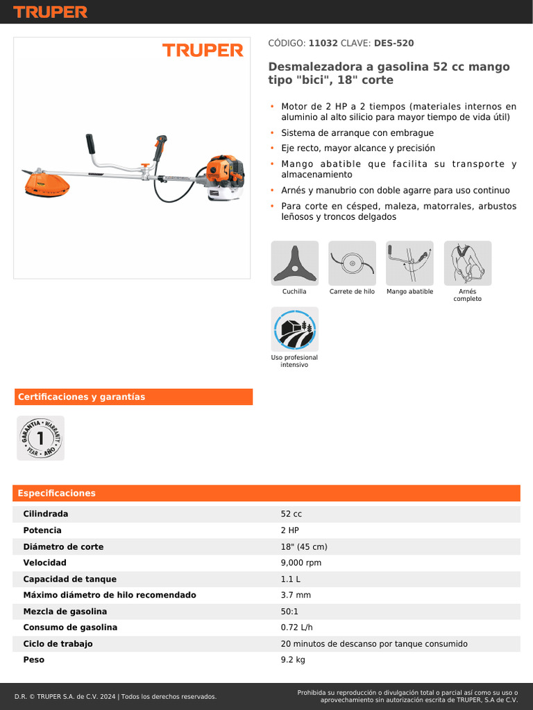 Desmalezadora A Gasolina 52 CC Mango Tipo "Bici", 18" Corte: CÓDIGO: 11032 CLAVE: DES-520 | PDF ...