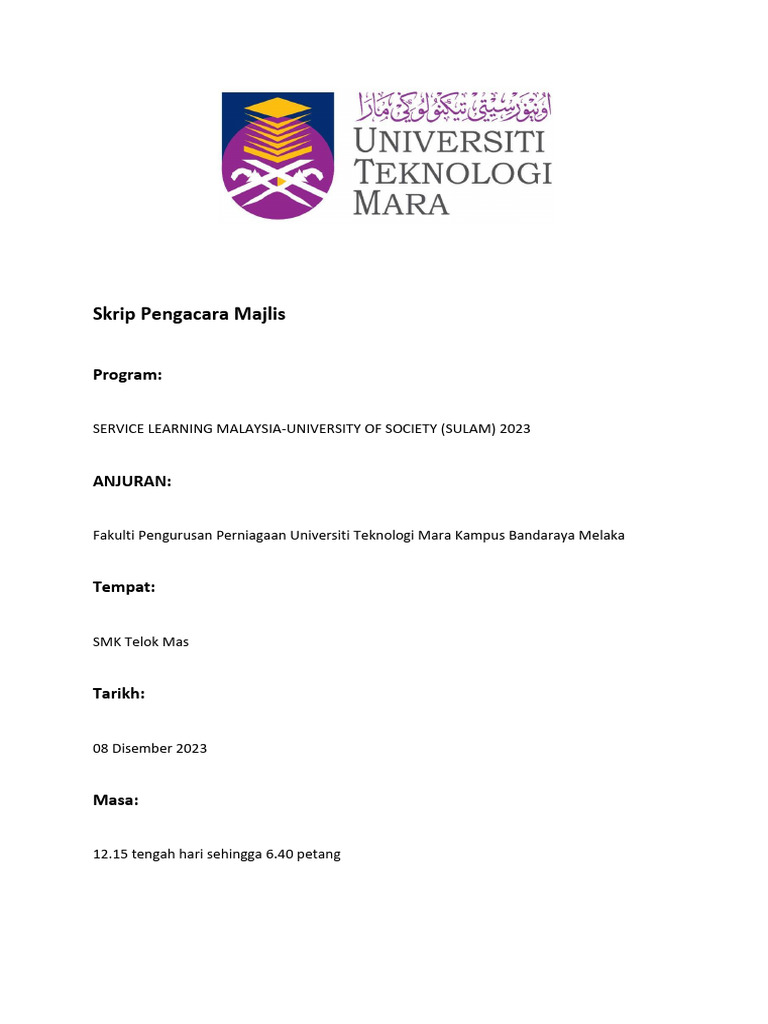 Skrip Pengacara Majlis SULAM 2023 | PDF