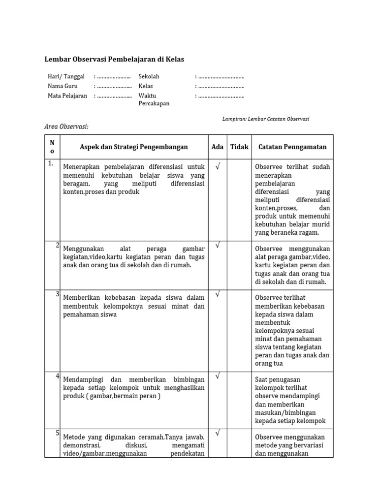 Lembar Observasi Pembelajaran Di Kelas | PDF