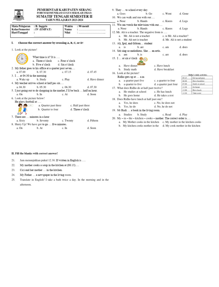 Soal B.inggris Kelas 4 | PDF