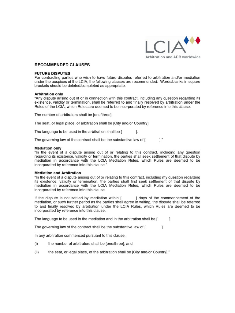 LCIA Arbitration & Mediation Clauses | PDF | Arbitration | Alternative Dispute Resolution