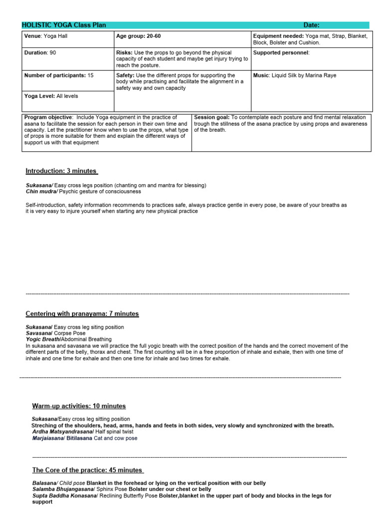 Holistic Yoga Class Plan Overview | PDF | Mind–Body Interventions ...
