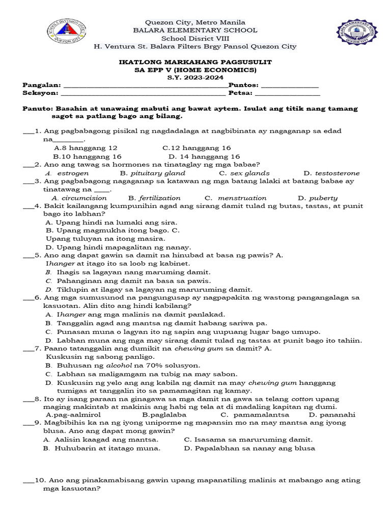 Ikatlong Markahang Pagsusulit Sa Epp V | PDF