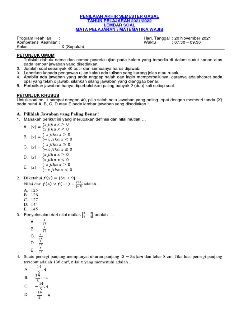Soal PAS Semester 1 Kelas 10 Matematika Wajib Tahun 2021 | PDF