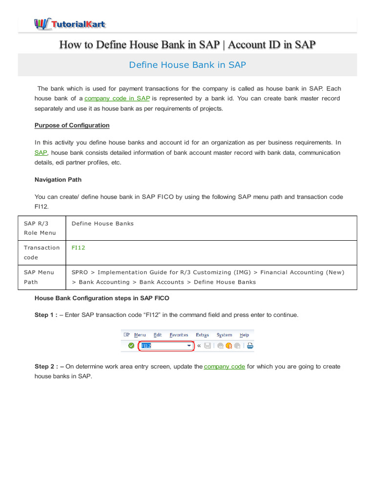 Defining House Bank in SAP FICO | PDF | Business | Finance & Money ...