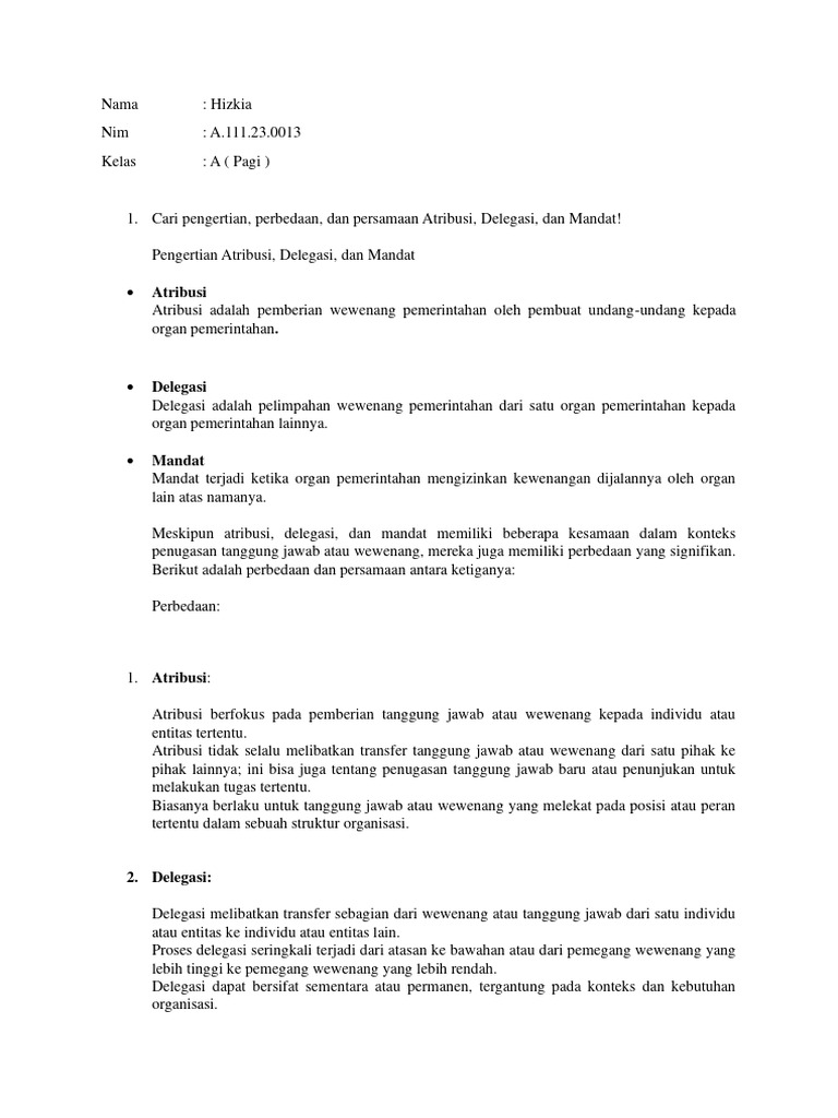 Pengertian,perbedaan,dan persamaan Atribusi,Delegasi,dan Mandat | PDF