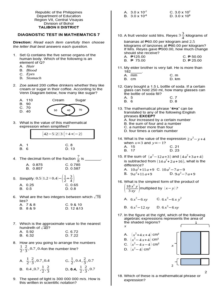 Math 7-Diagnostic Test 2021-2022 | PDF | Mathematics | Arithmetic