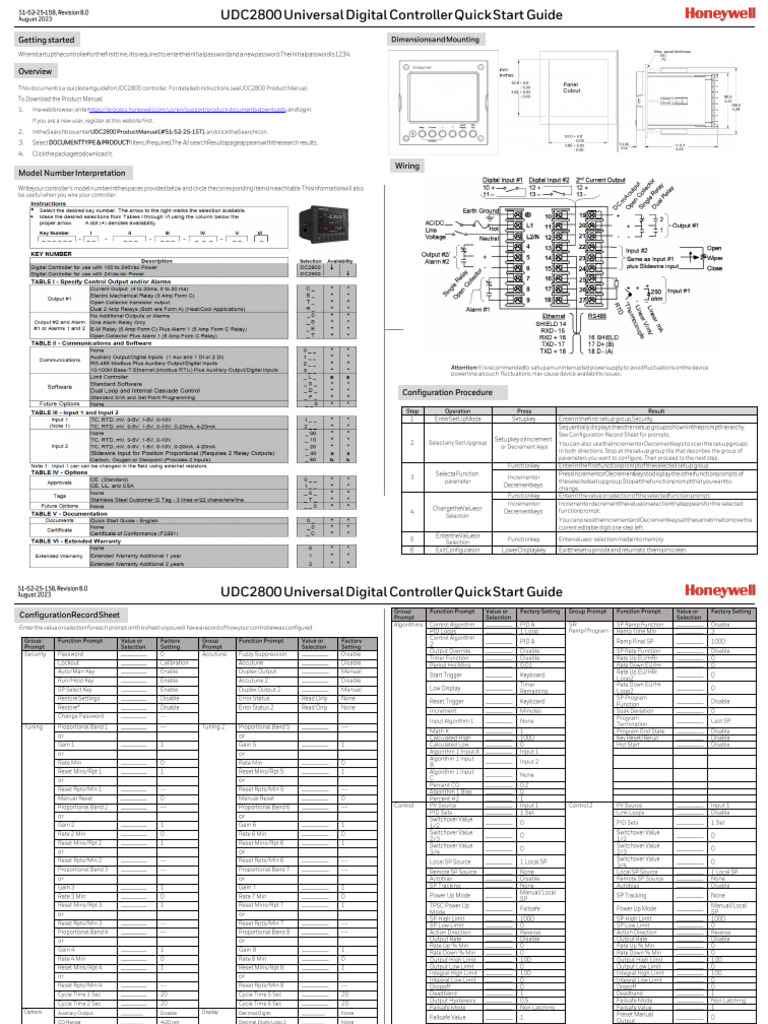 Honeywell UDC2800 Process Controller Quick Start Guide | PDF