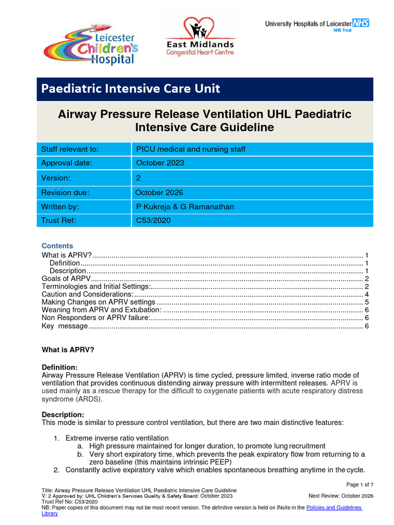 Airway Pressure Release Ventilation UHL Paediatric Intensive Care ...