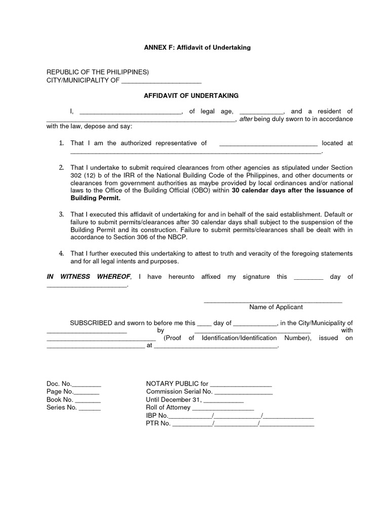 Affidavit of Undertaking For Building Permit | PDF | Affidavit | Government