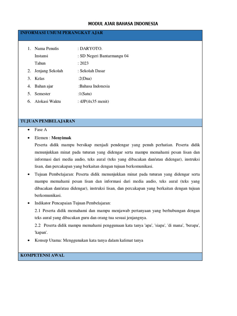 Modul Ajar Kls 2 Bahasa Indonesia Siklus 2 | PDF | Karier & Perkembangan