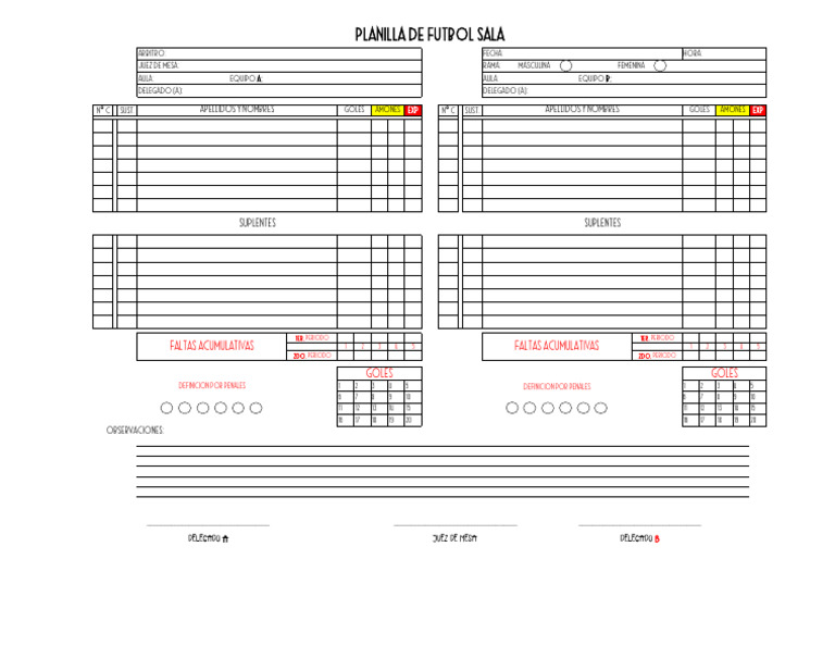 Planilla de Futsal | Descargar gratis PDF | Deportes | Asociación de Futbol