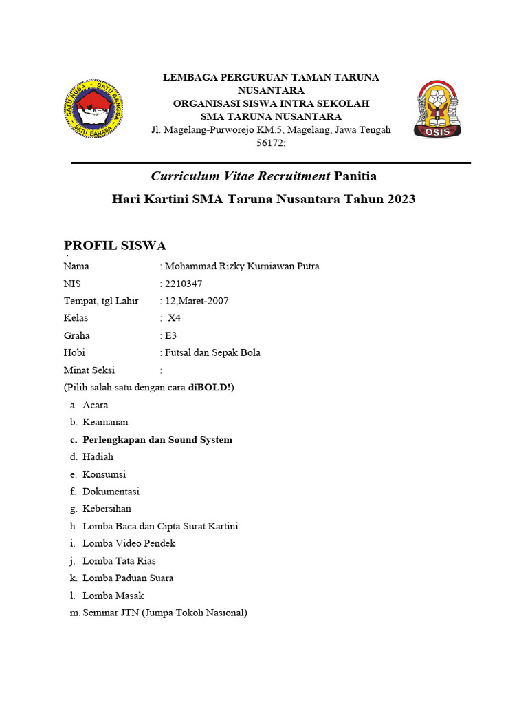 CV Panitia Hari Kartini SMA Taruna | PDF