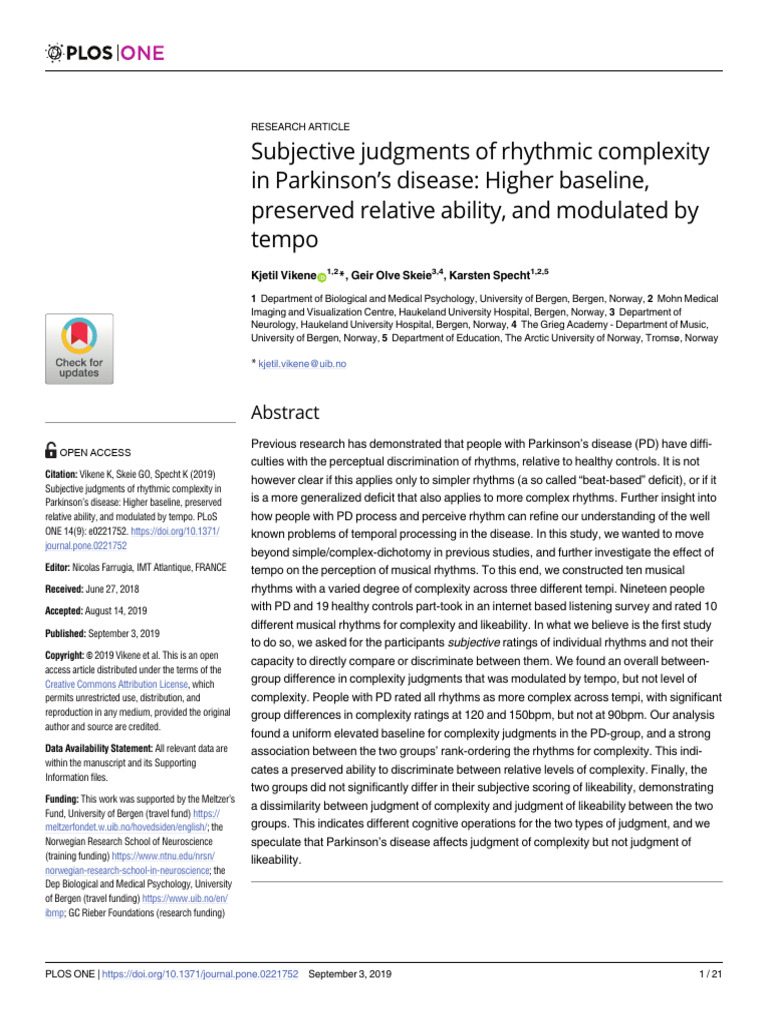 Subjective Judgments of Rhythmic Complexity in Parkinson's Disease: Higher Baseline, Preserved ...