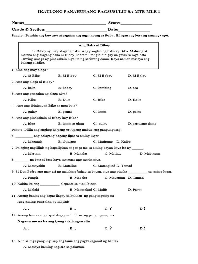 Grade 1 MTB-MLE Exam Guide | PDF