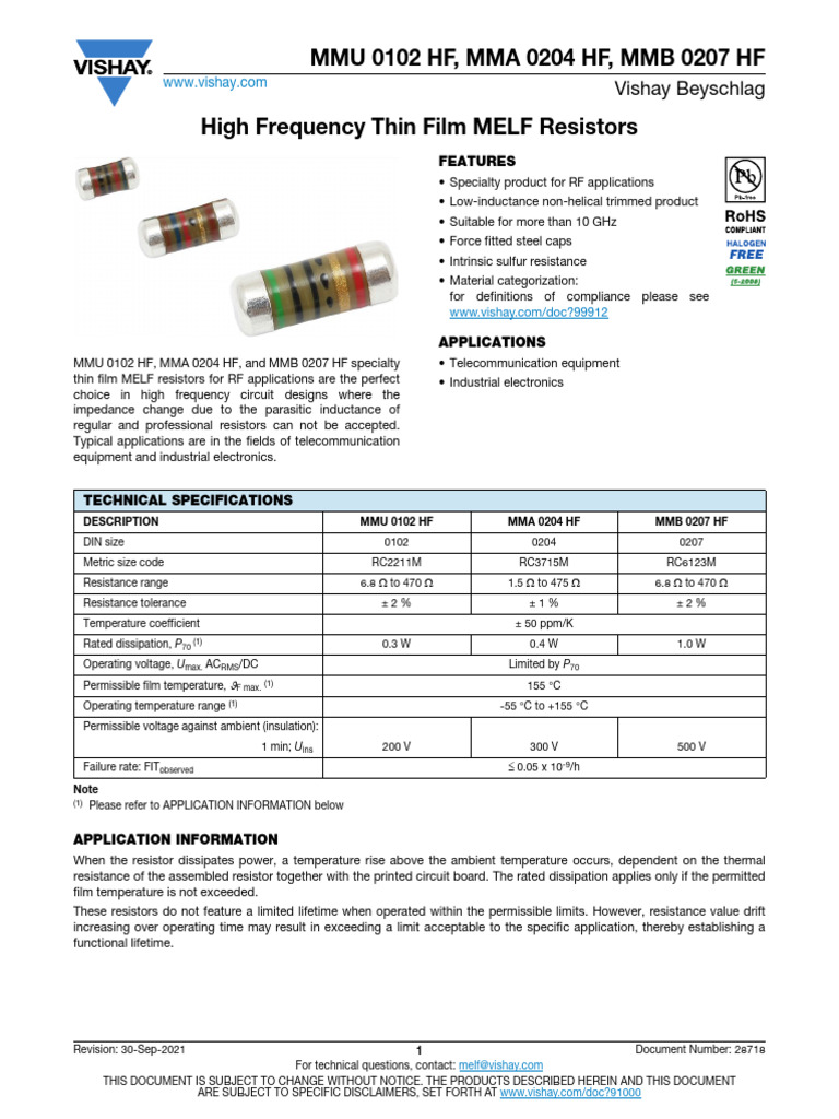 Mmu 0102 Mma 0204 MMB 0207 HF | PDF | Resistor | Electrical Resistance ...
