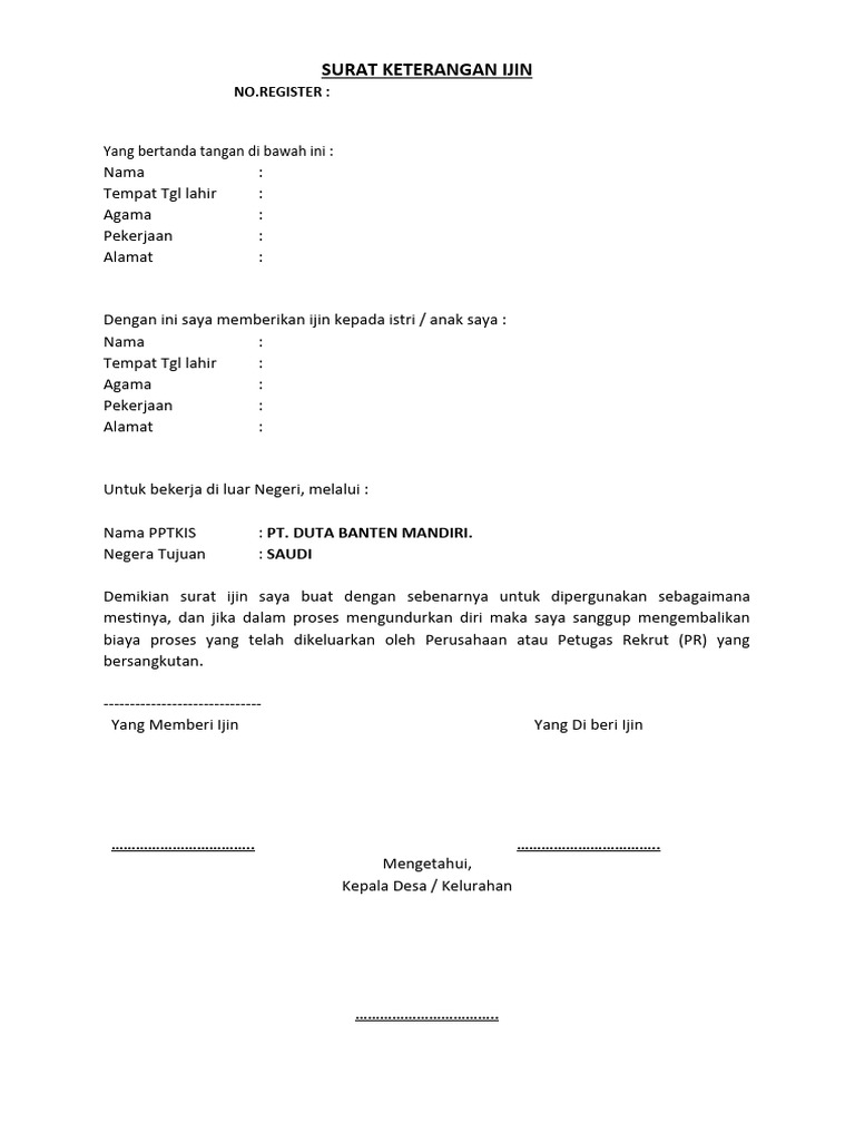 SURAT KETERANGAN IJIN kerja TKI 2024 TITIK | PDF