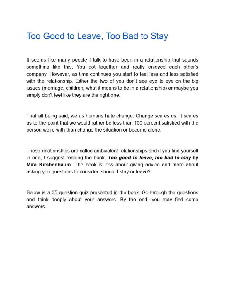 35 Questions - Too Good To Leave, Too Bad To Stay | Download Free PDF ...