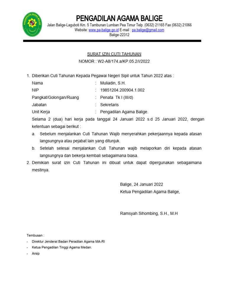 Surat Izin Cuti Tahunan 2022 | PDF