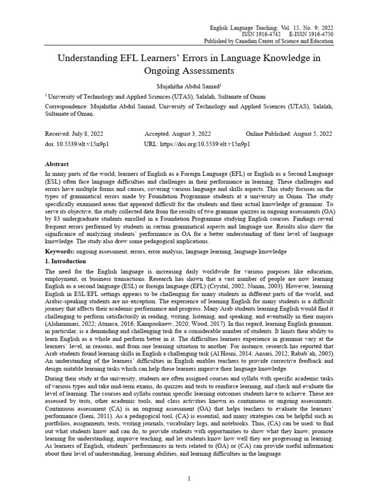 Understanding EFL Learners' Errors in Language Knowledge in Ongoing Assessment | PDF | English ...