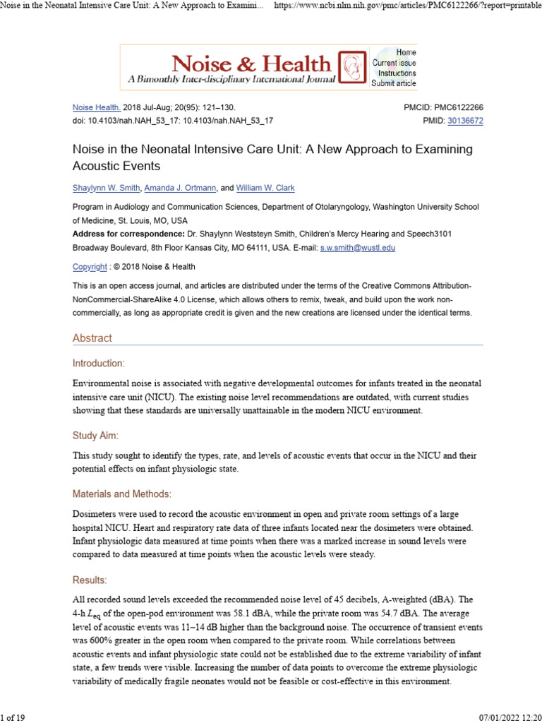 2018 Noise in The Neonatal Intensive Care Unit A New Approach To ...