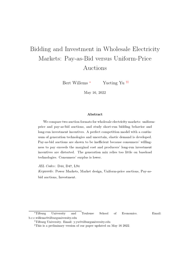 Pay-As-Bid Vs Uniform Price | PDF | Auction | Perfect Competition
