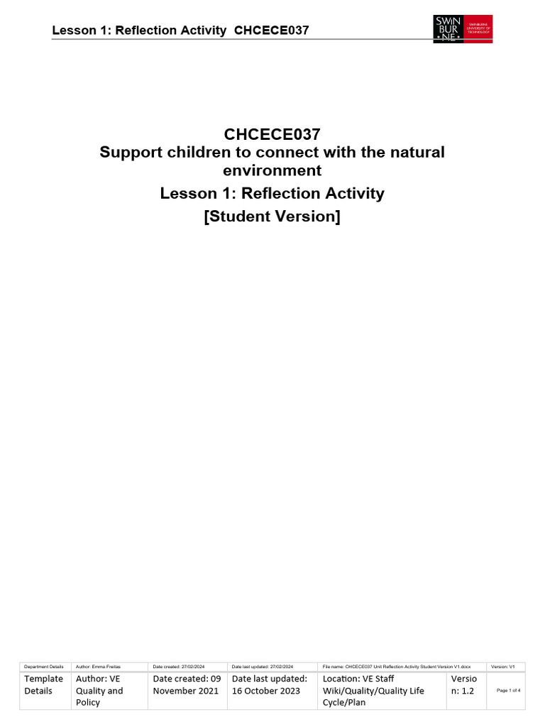 CHCECE037 Unit Reflection Activity Student Version V1 | PDF | Teachers ...