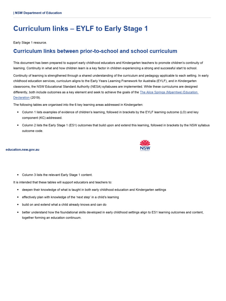 Early Learning Es1 Curriculum Links Eylf To Early Stage 1 | PDF | Area ...