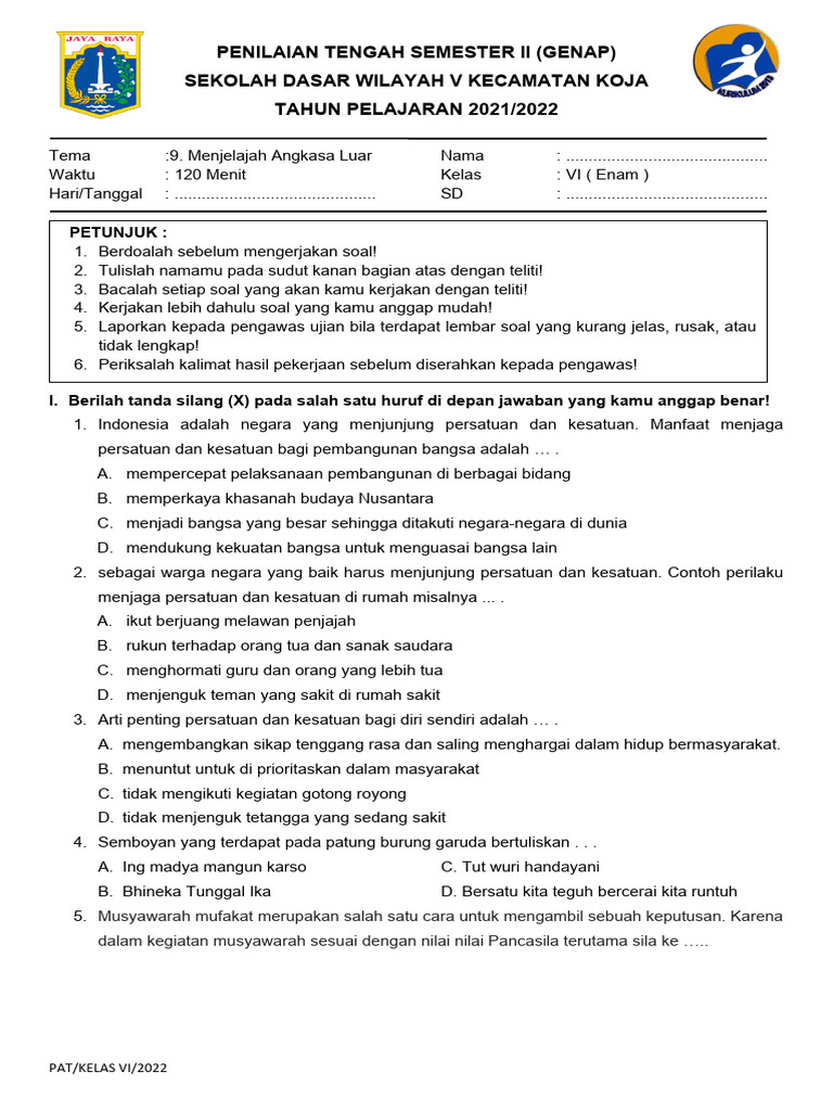 Soal Pat Kelas Vi Tema 9-1 | PDF | Perjalanan