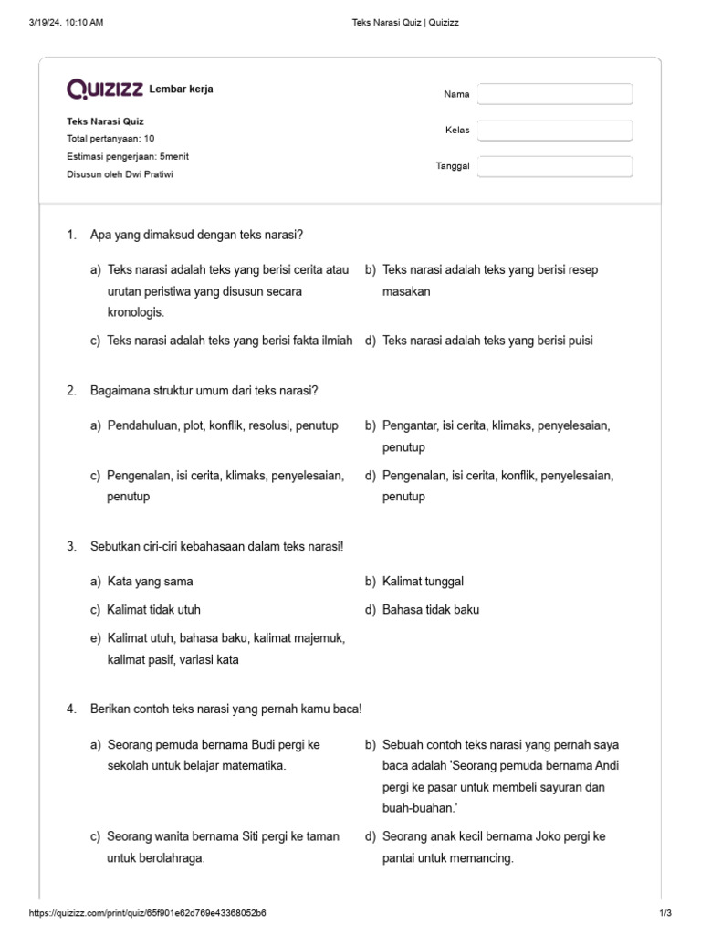 Kuiz Teks Narasi: Ciri dan Contoh | PDF | Fiksi Umum