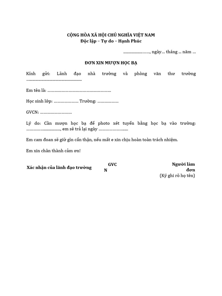 Mau Don Xin Muon Hoc Ba So 1 | PDF