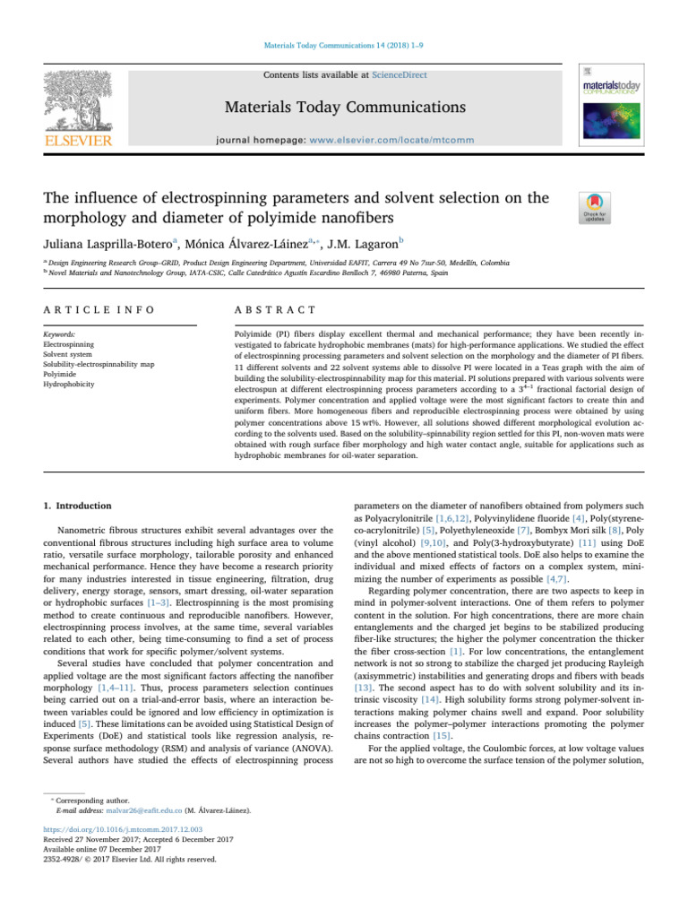 The Influence of Electrospinning Parameters and Solvent Selection On ... The Influence of Electrospinning Parameters and Solvent Selection On ...
