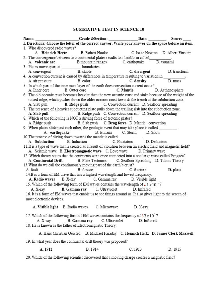 SUMMATIVE TEST IN SCIENCE 10 Answer Key | PDF | Plate Tectonics ...