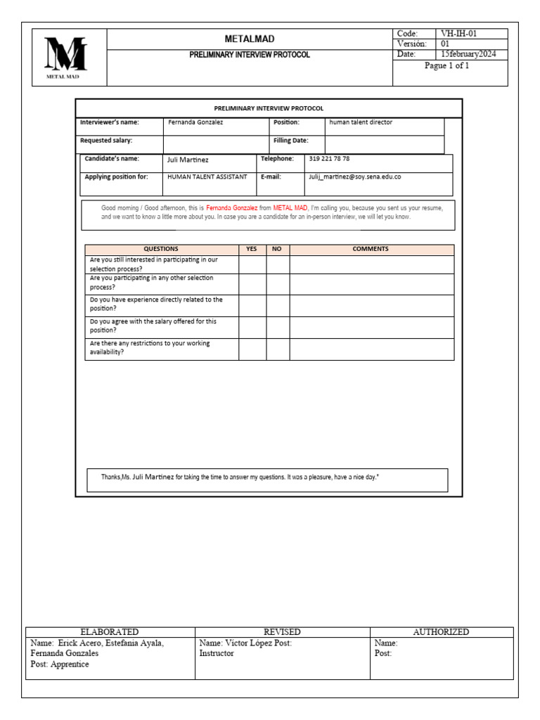 AREVALO KAREN Preliminary Interview Format | PDF