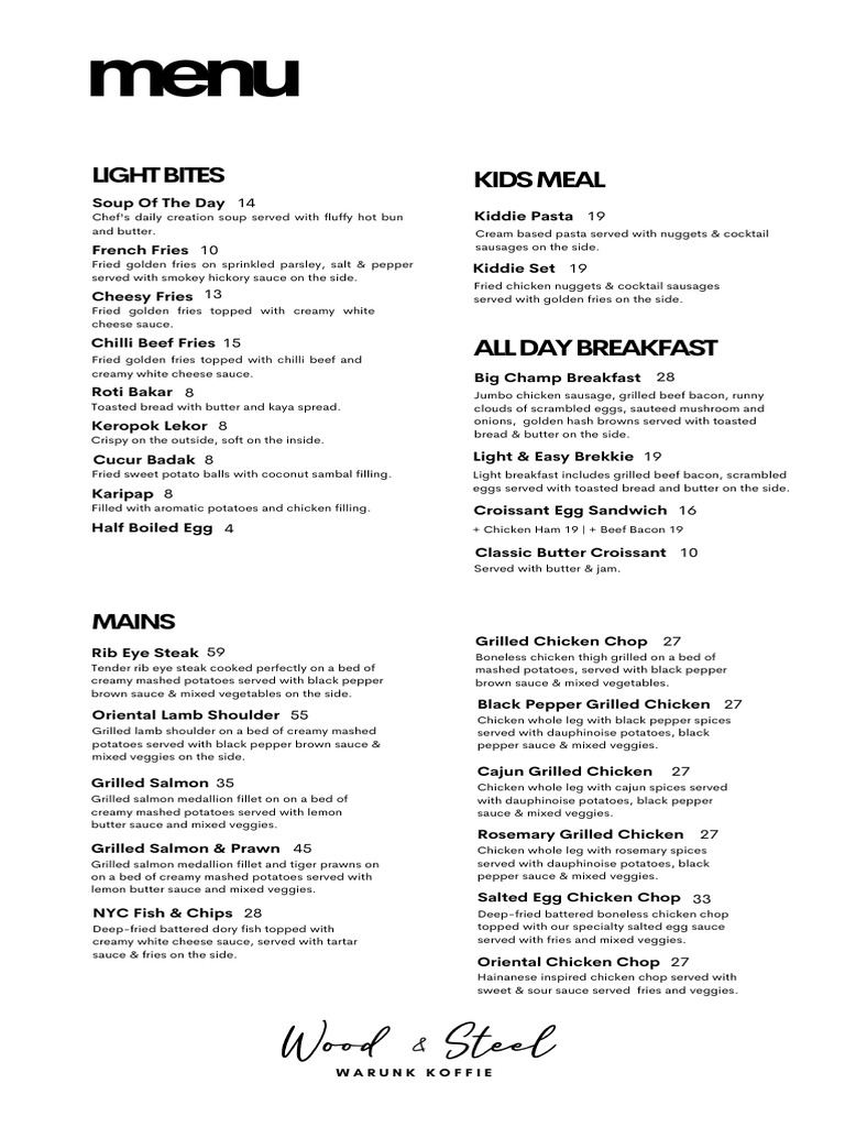 Warunk Koffie Menu Overview | PDF | Hamburgers | French Fries