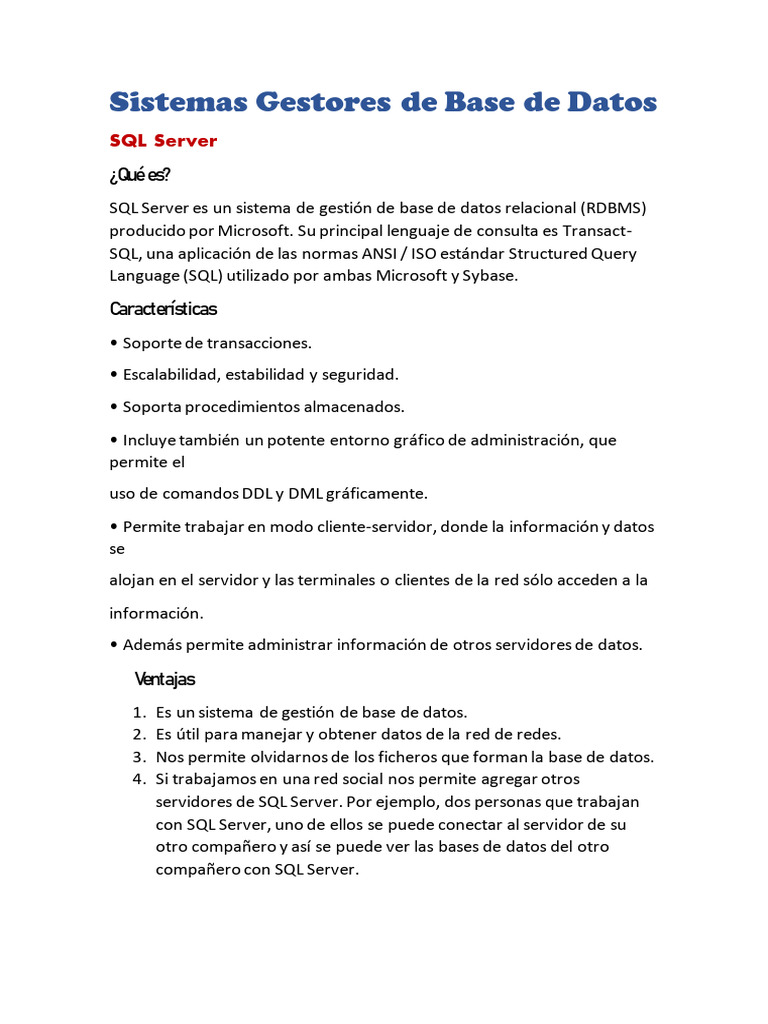 Comparativa de Sistemas de Bases de Datos | PDF | SQL | Servidor SQL de Microsoft