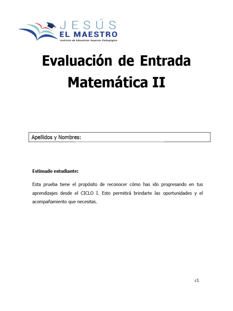 Evaluación de Entrada MATEMATICA II | PDF