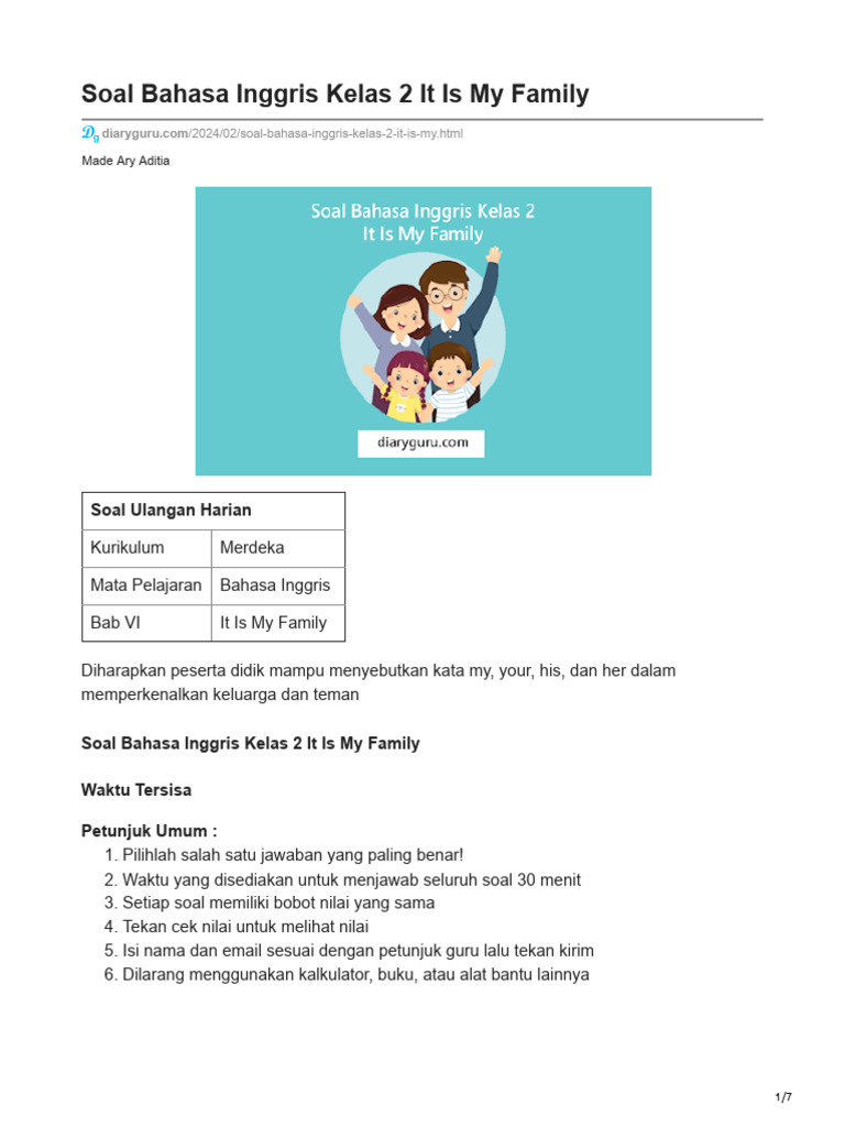 diaryguru.com-Soal Bahasa Inggris Kelas 2 It Is My Family | PDF