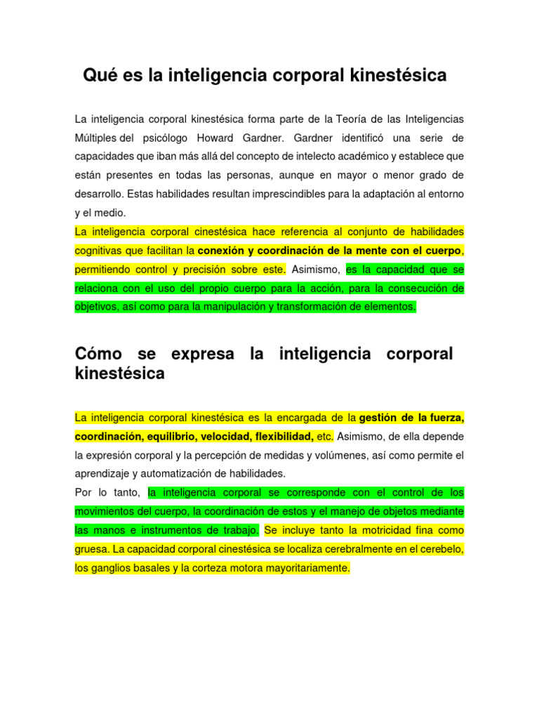 Inteligencia Corporal Kinestésica Definición | PDF | Inteligencia ...