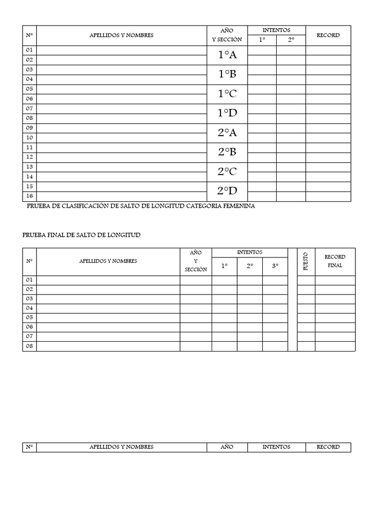 Planillas de Atletismo: Salto de Longitud | PDF